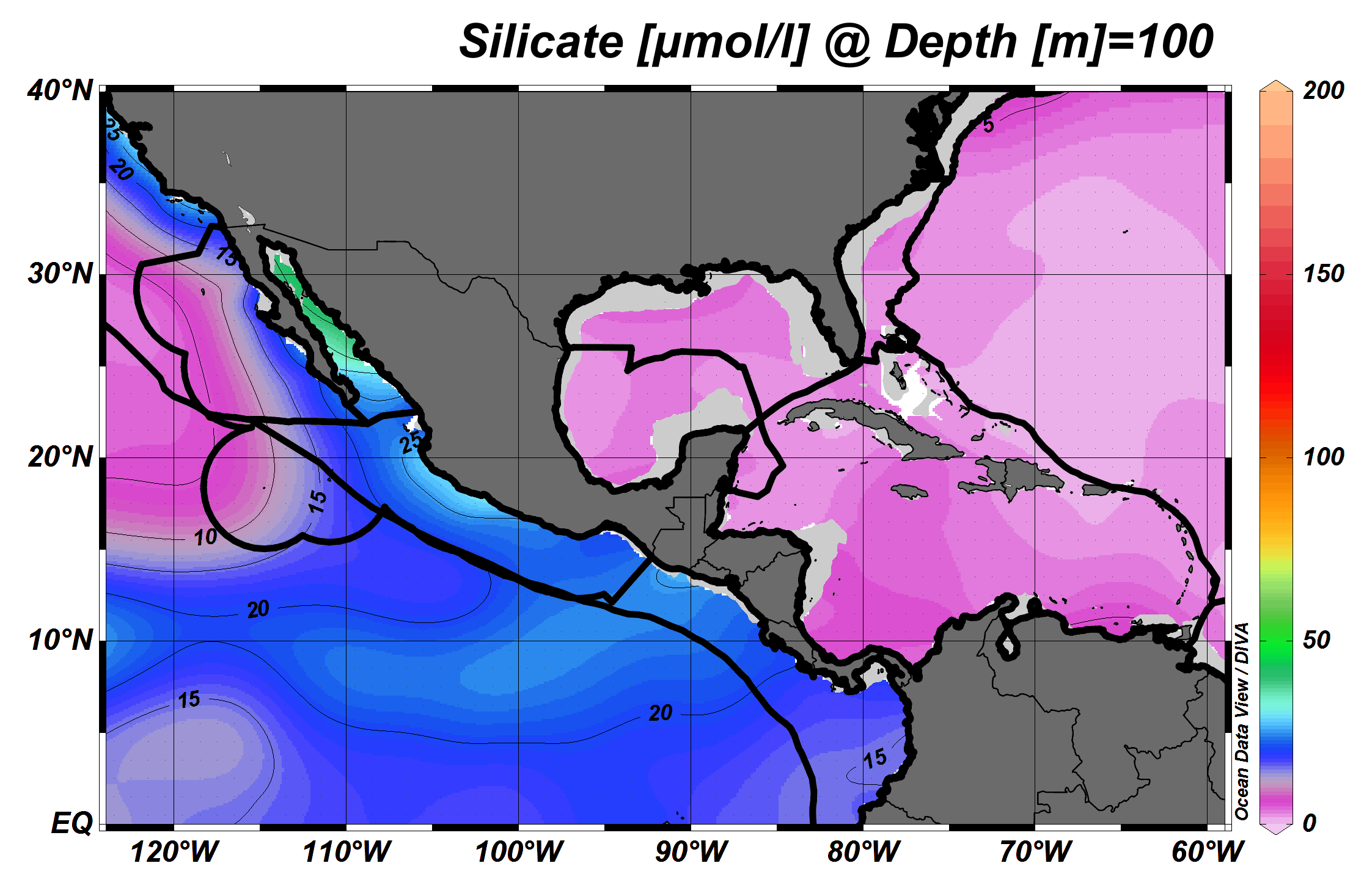 Map of distribution statistical mean of silicate on 1° grid and depth ...