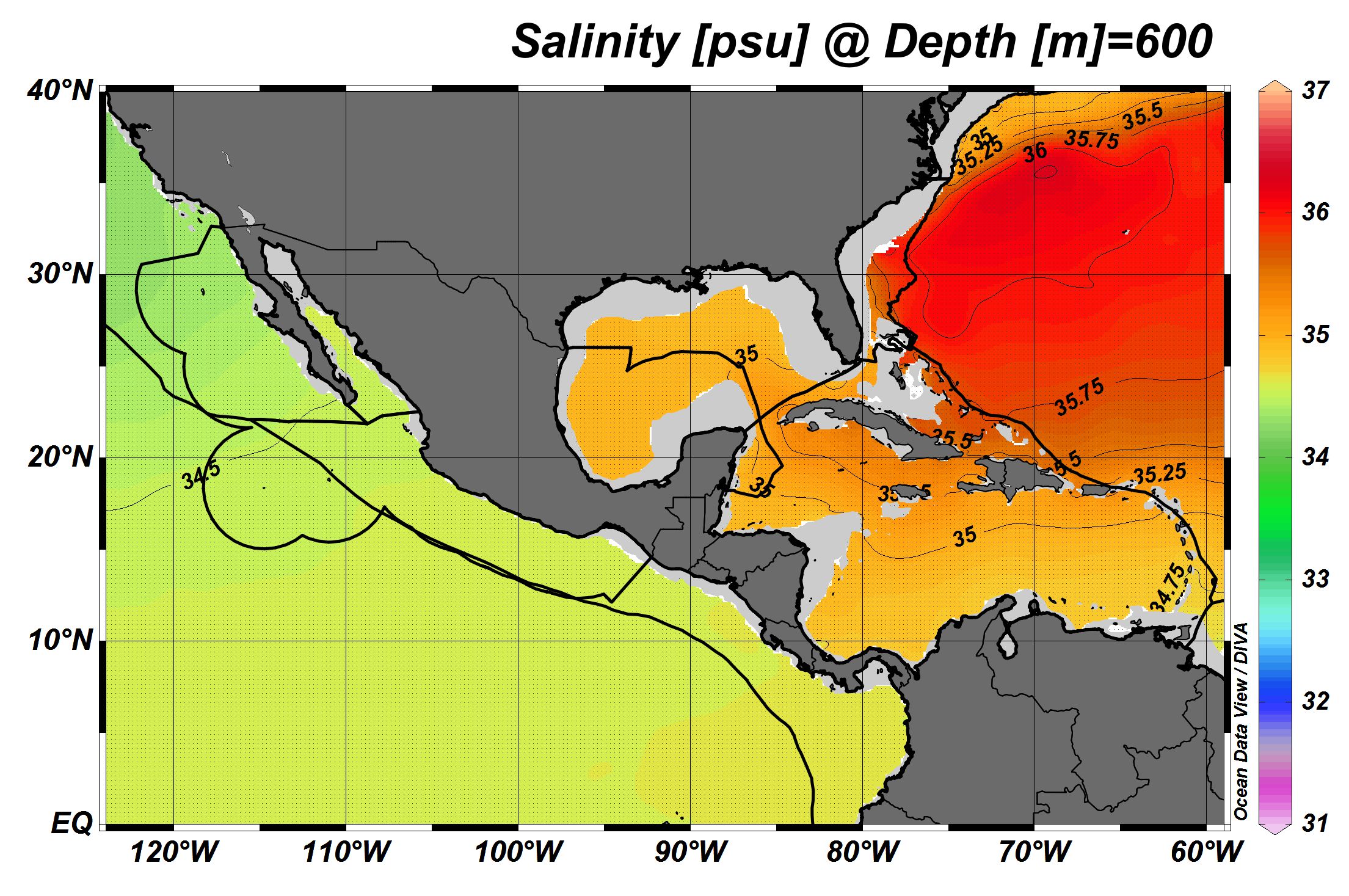 Map of distribution statistical mean of salinity on 0,25° grid and ...